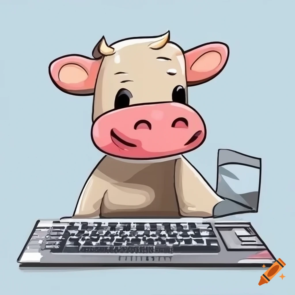 Cute cartoon of a cow coding on a computer on Craiyon
