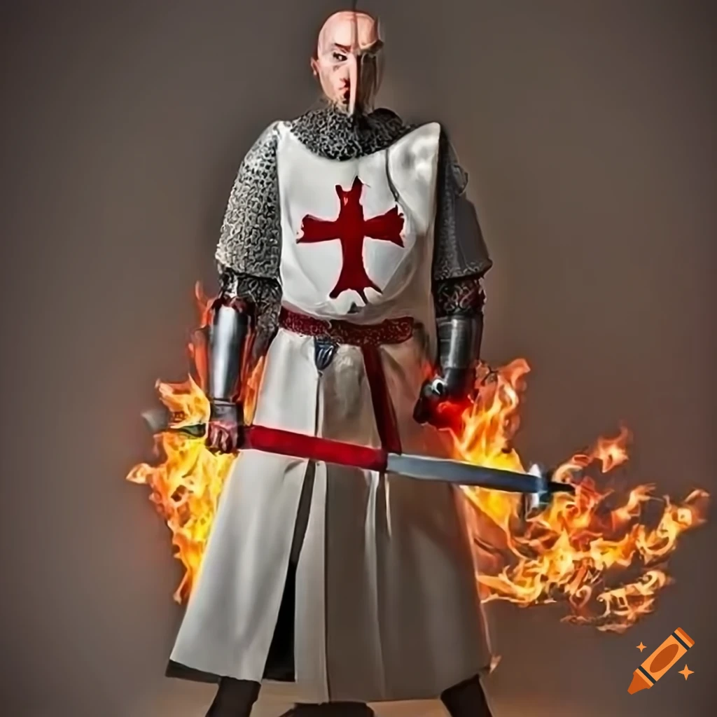 Image of a Templar knight wielding a flaming white sword on Craiyon