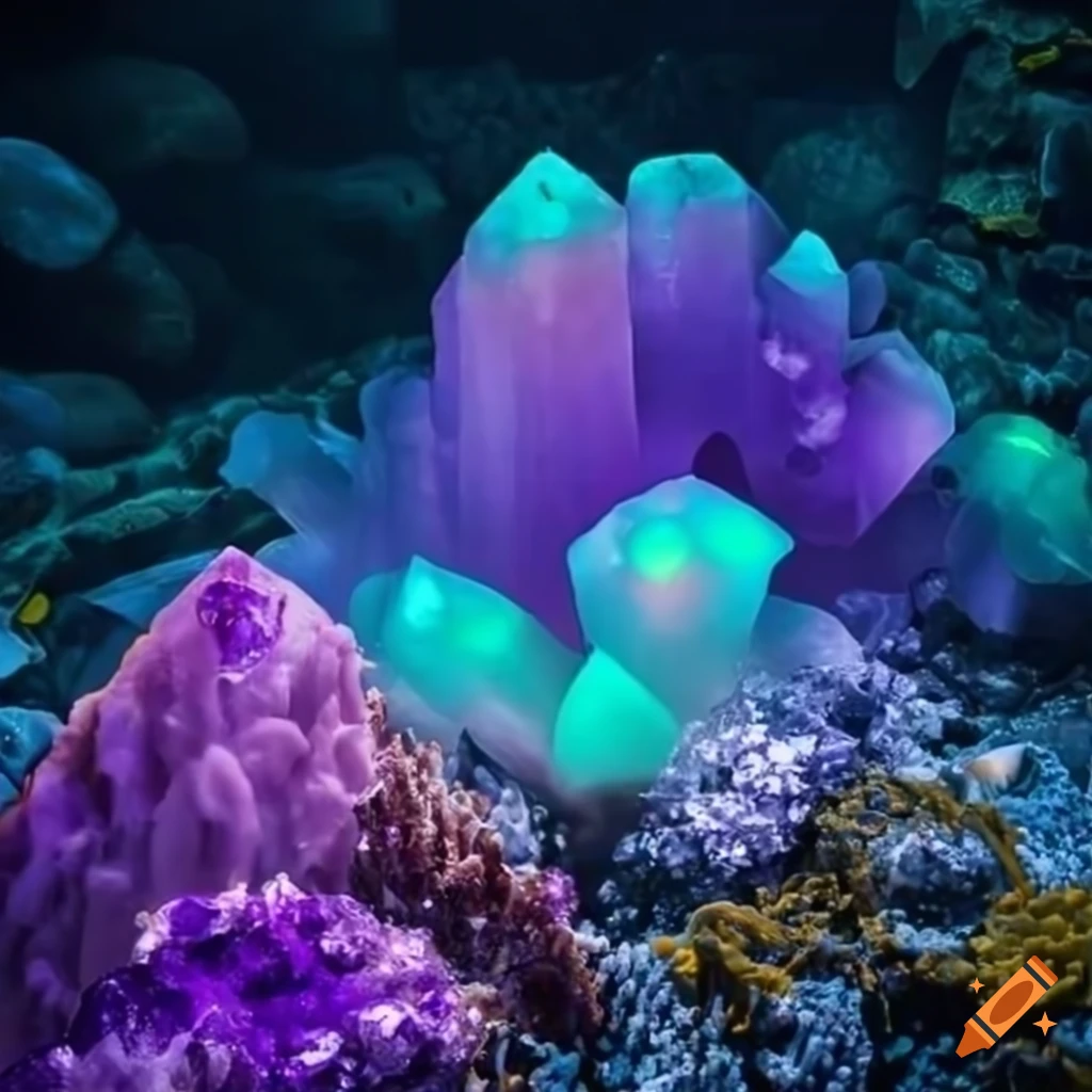 Underwater scene of glowing quartz and amethyst crystals on Craiyon