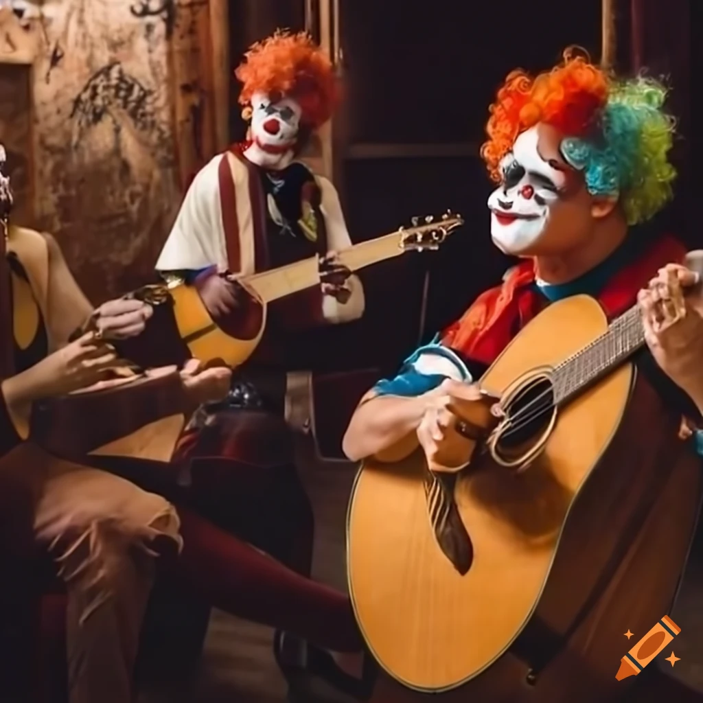 Clowns playing guitars in a saloon on Craiyon