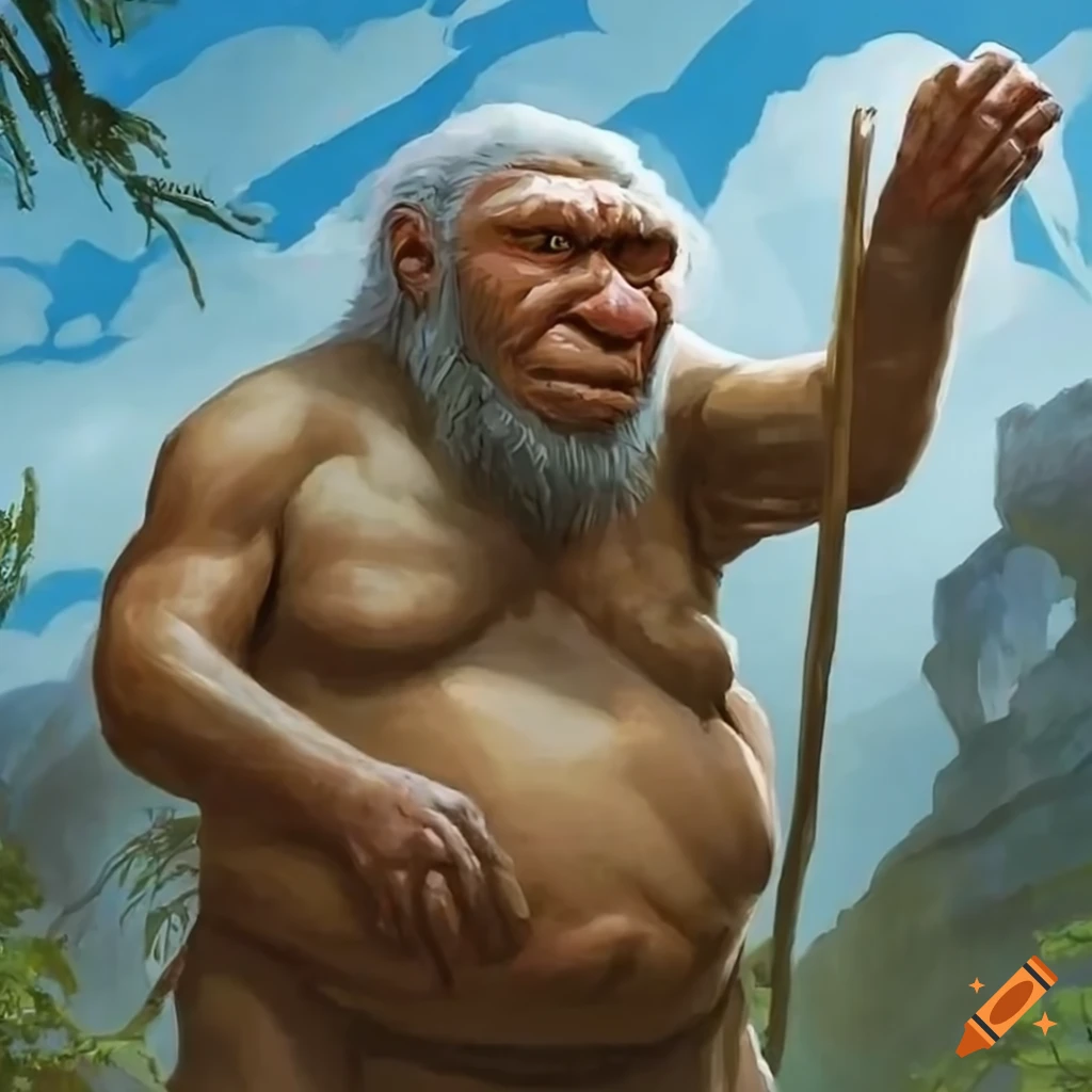 Elderly neanderthal with long white beard performing a rite in a ...