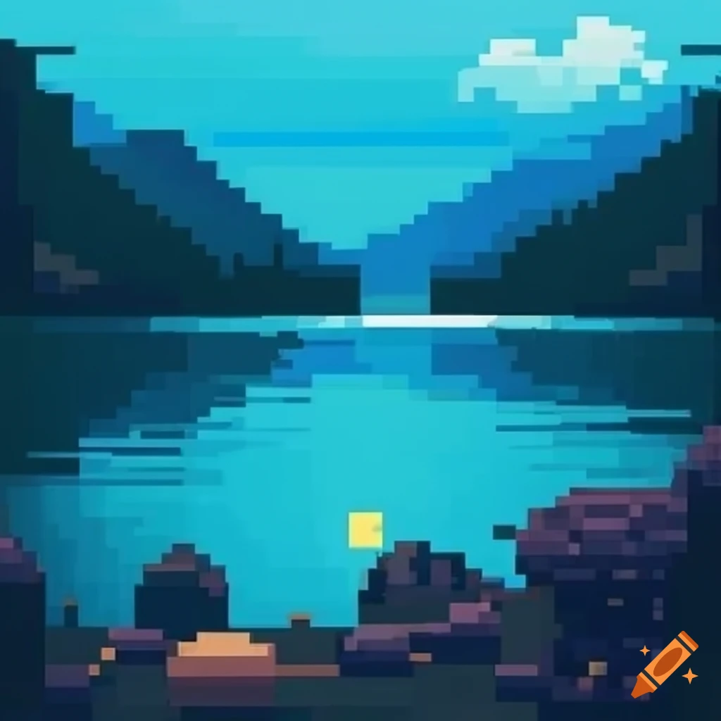 Pixel art of a lake surrounded by mountains on Craiyon
