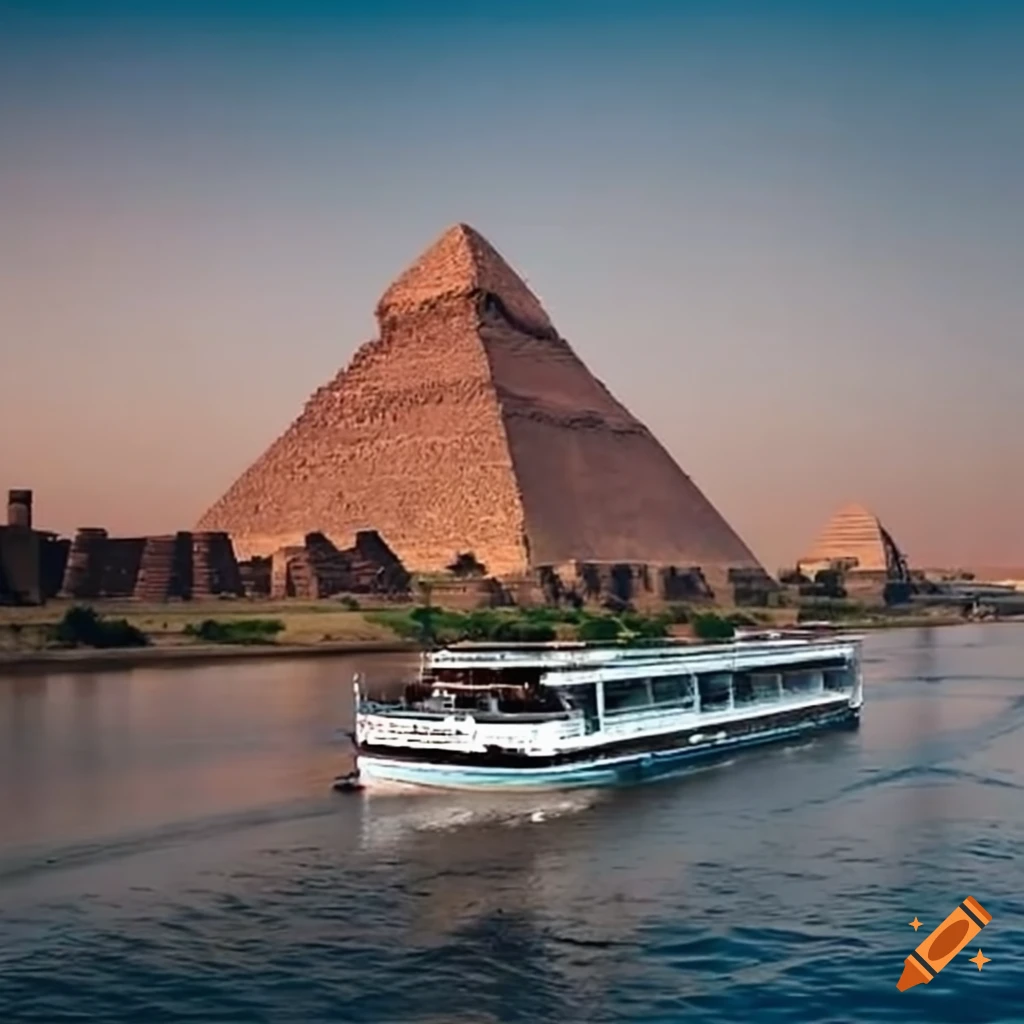 Cruise ship with pyramids in the background on Craiyon