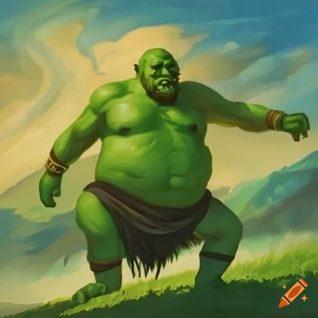 Illustration of a dancing orc on a primordial plain on Craiyon