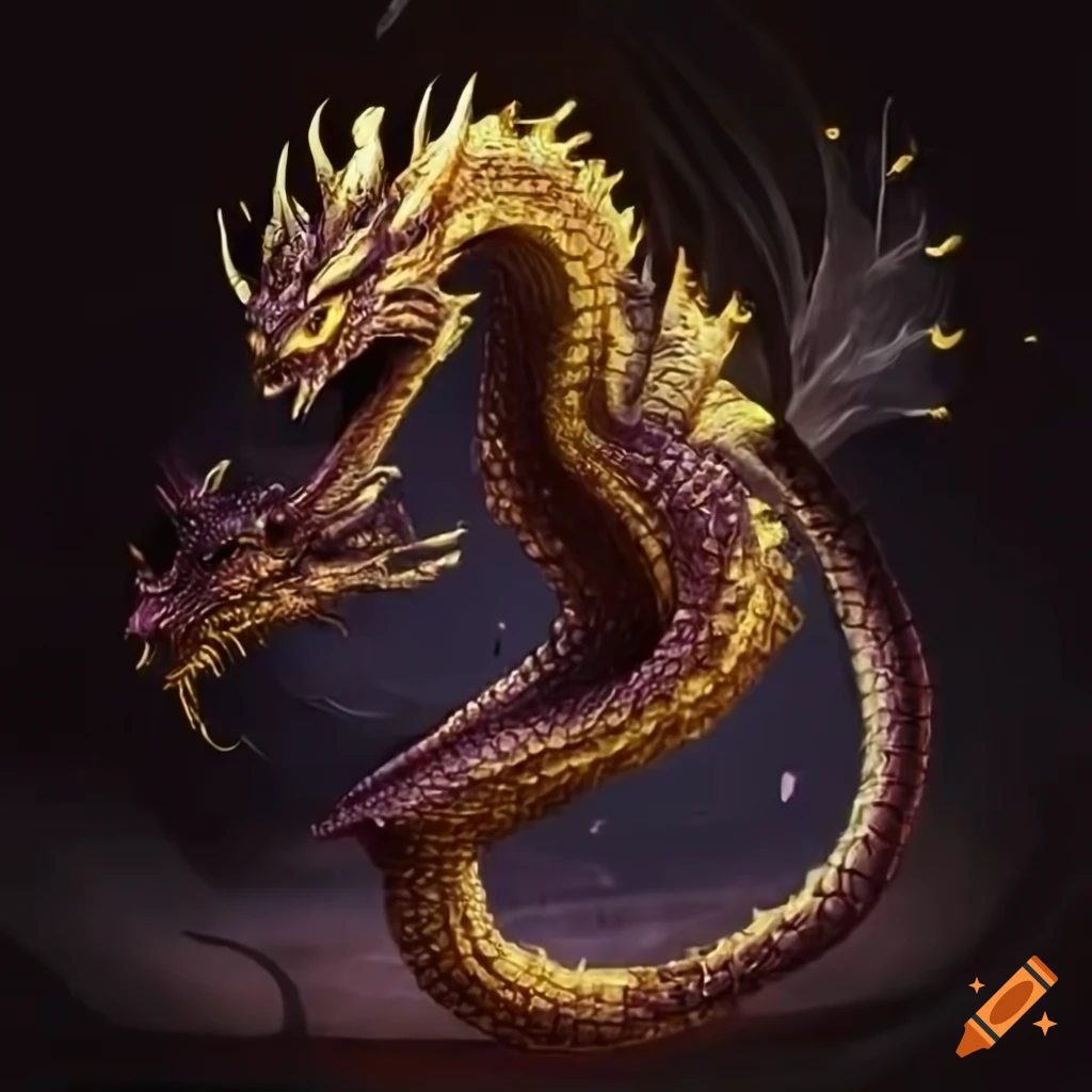 Artwork of a powerful hydra with golden and black heads on Craiyon