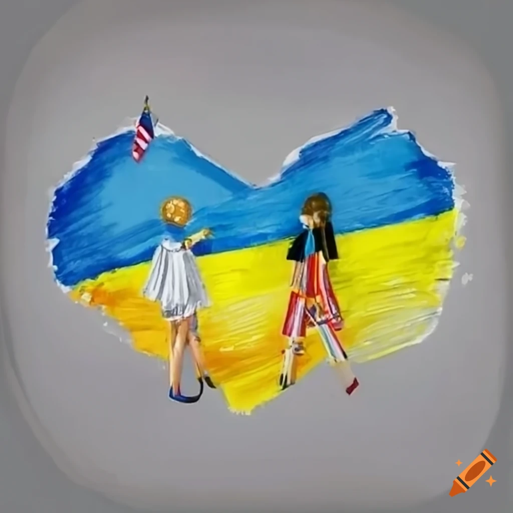 Watercolor and pencil drawing of Ukrainian and US flags with a ...