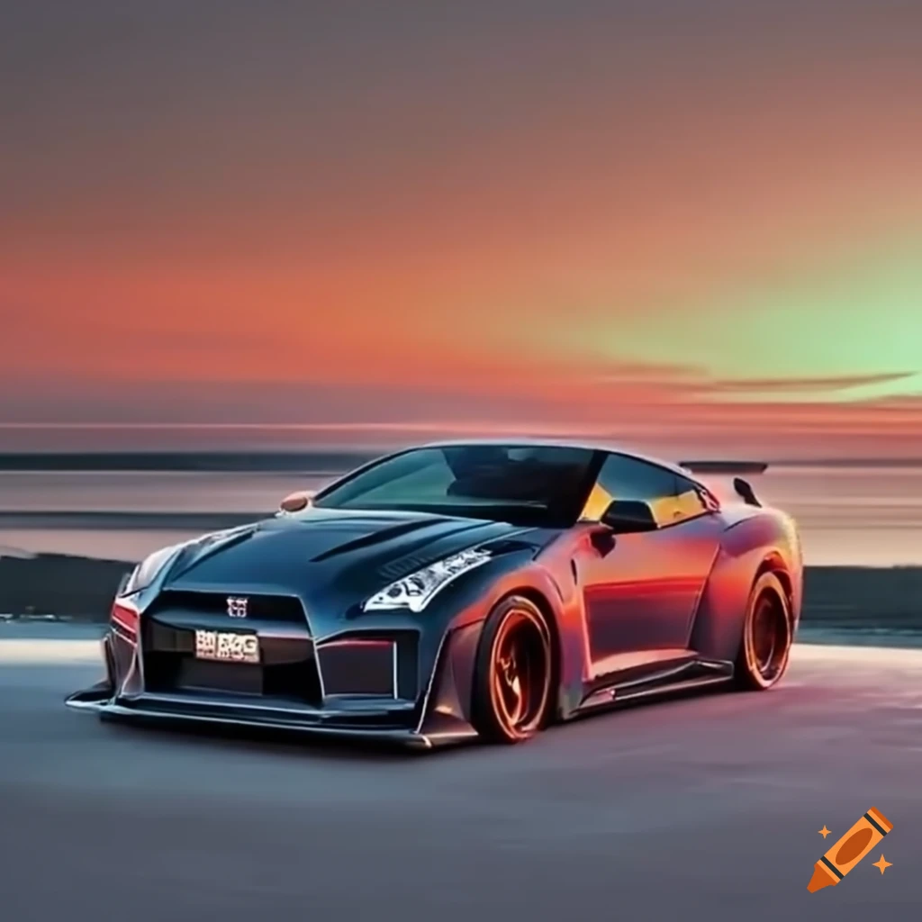 Nissan gt-r 35 driving in the sunset on Craiyon