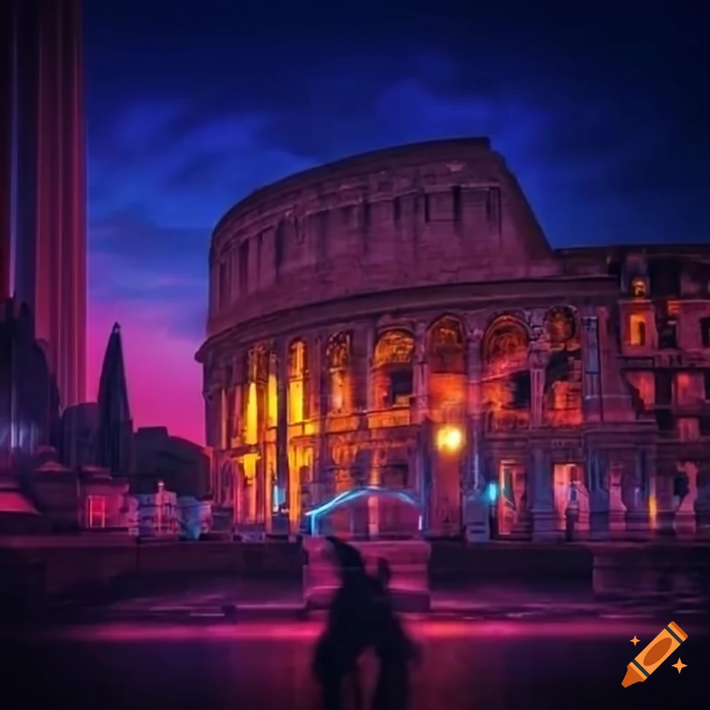 Neon futuristic view of ancient Rome on Craiyon