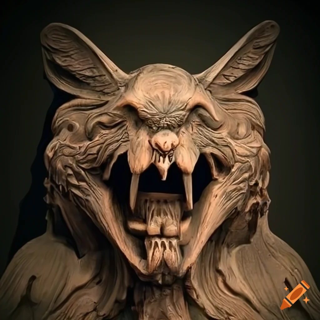 Detailed carving of a laughing werewolf motif on Craiyon