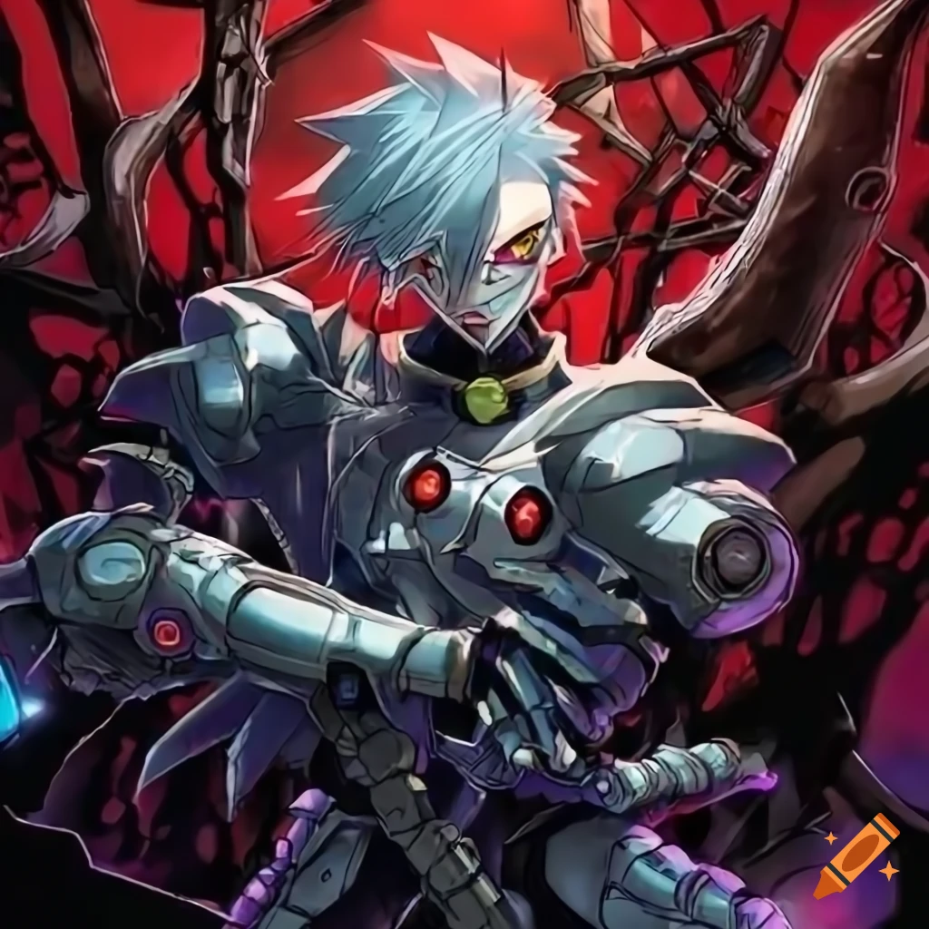 Silver cyborg anime character from yugoh card art on Craiyon