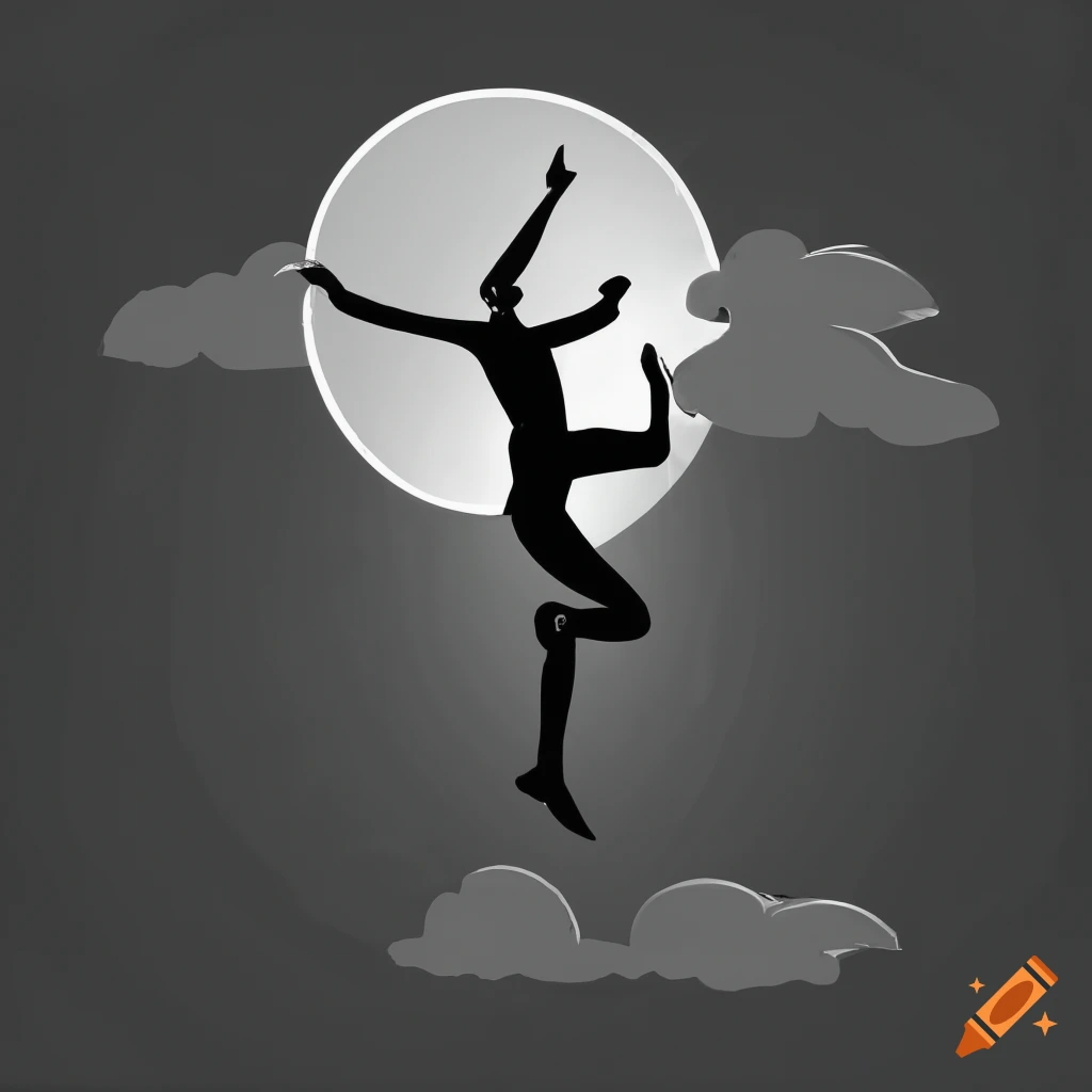 Black and white image of a flying figure in the clouds on Craiyon