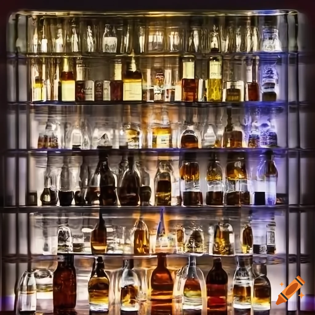 Backlit liquor bottles on a shelf on Craiyon