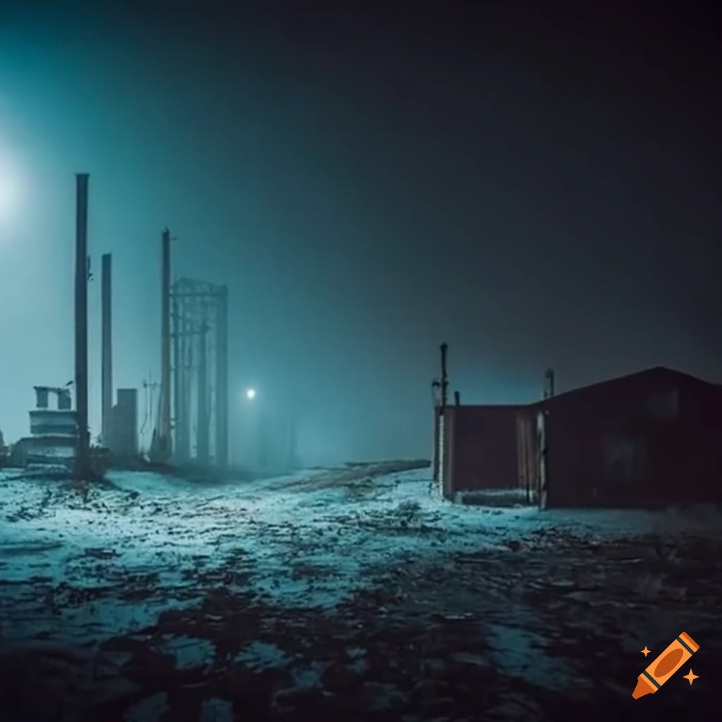 Night scene of an abandoned factory in fog and snow on Craiyon