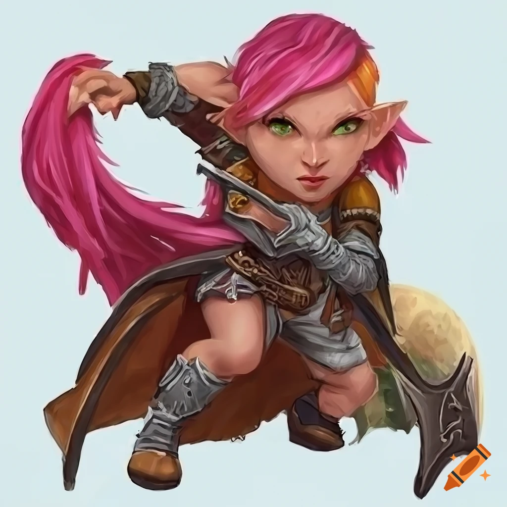 Fantasy art of a female gnome fighter with orange skin and pink hair on ...