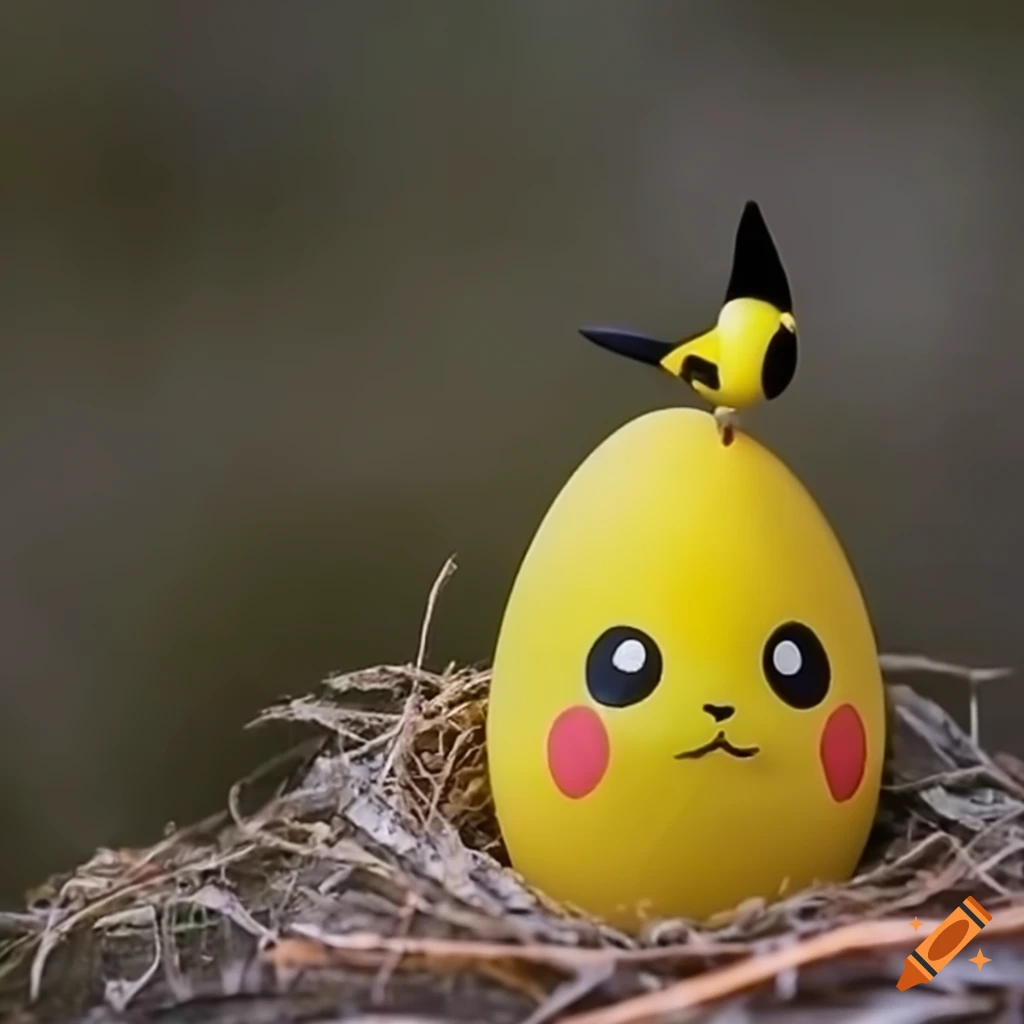 Nest with a Pikachu-shaped egg and birds on Craiyon
