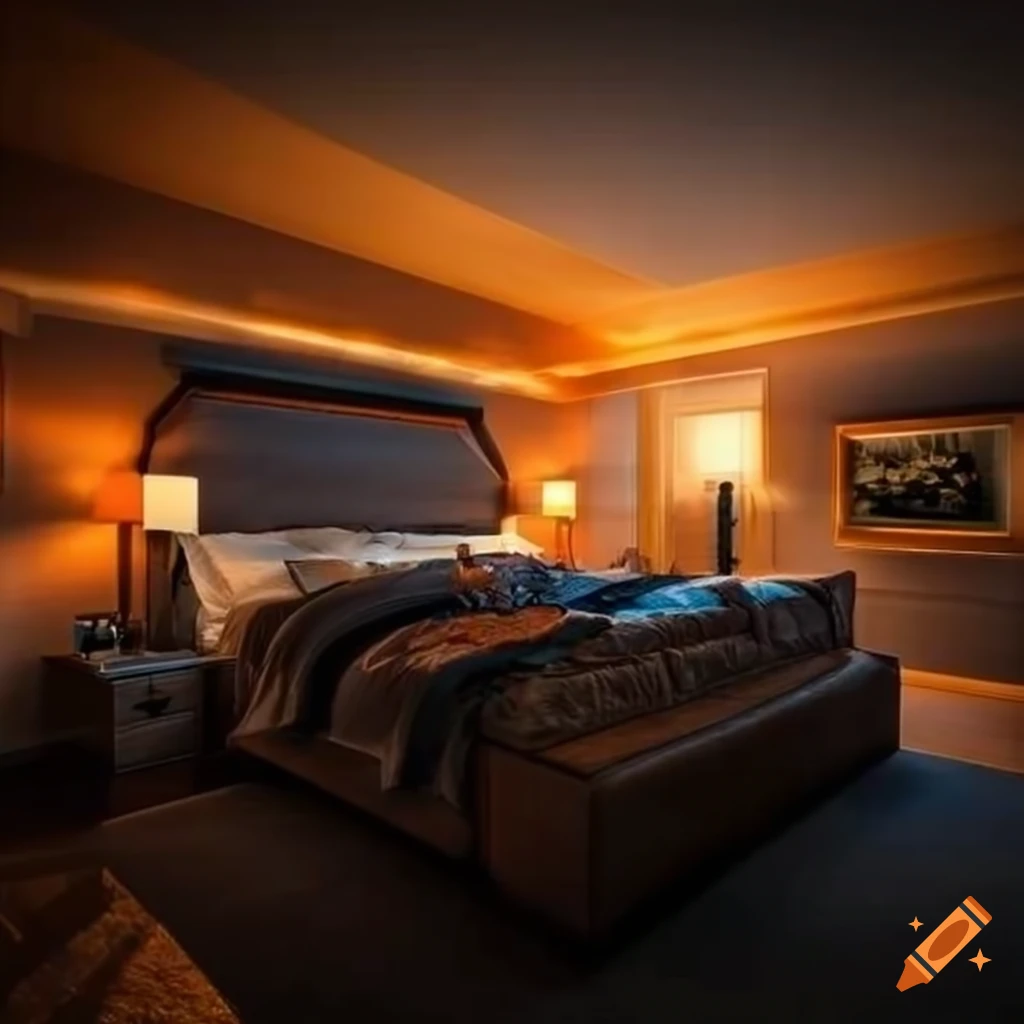 Sunset-themed bedroom interior on Craiyon