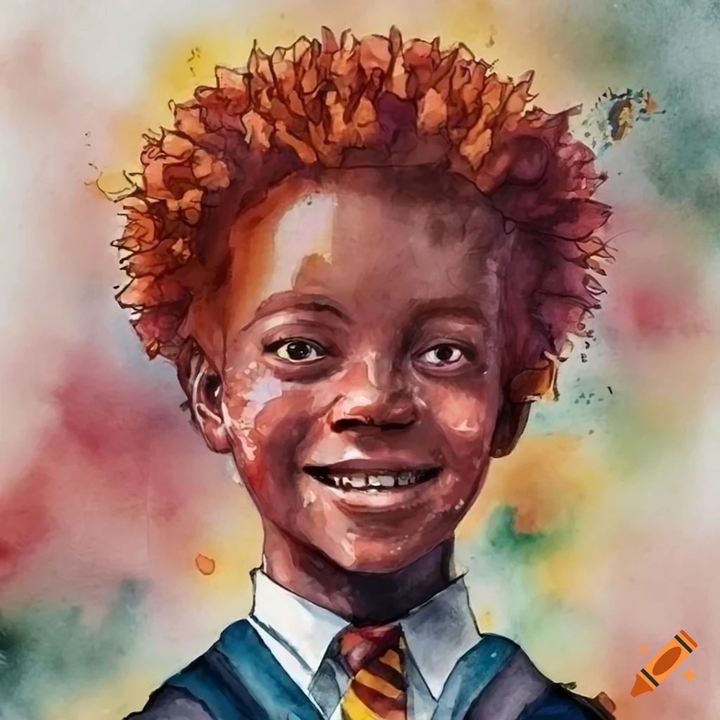 Watercolor portrait of a Gryffindor student with dark skin and red hair ...