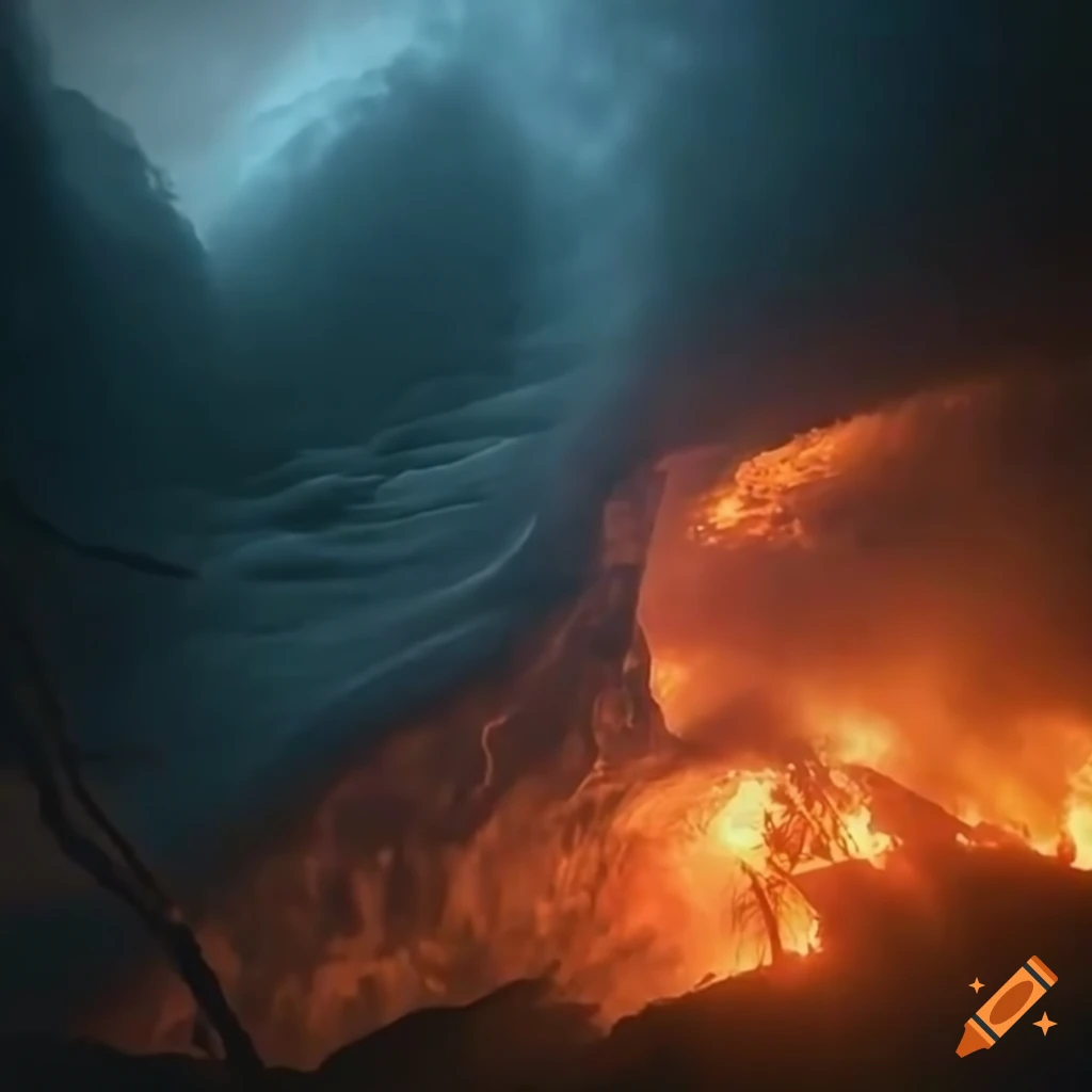 Beach after a major earthquake with palm trees on fire and collapsed ...
