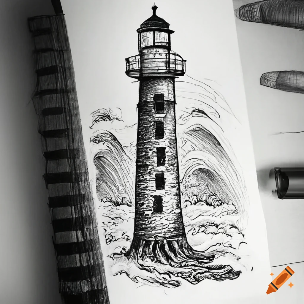 Sketch of a lighthouse emitting strong beam on the shore on Craiyon