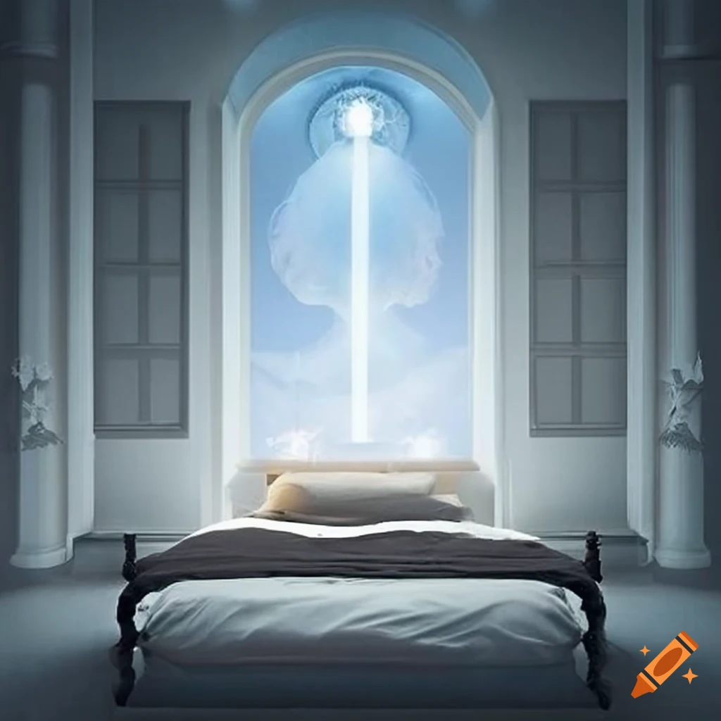 Angelic white bedroom with organized bookshelf on Craiyon