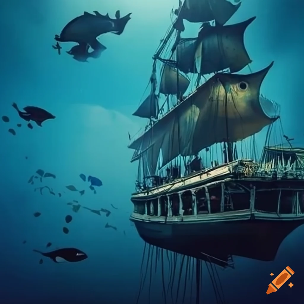 Watercolor of fish swimming under a sailing ship on Craiyon