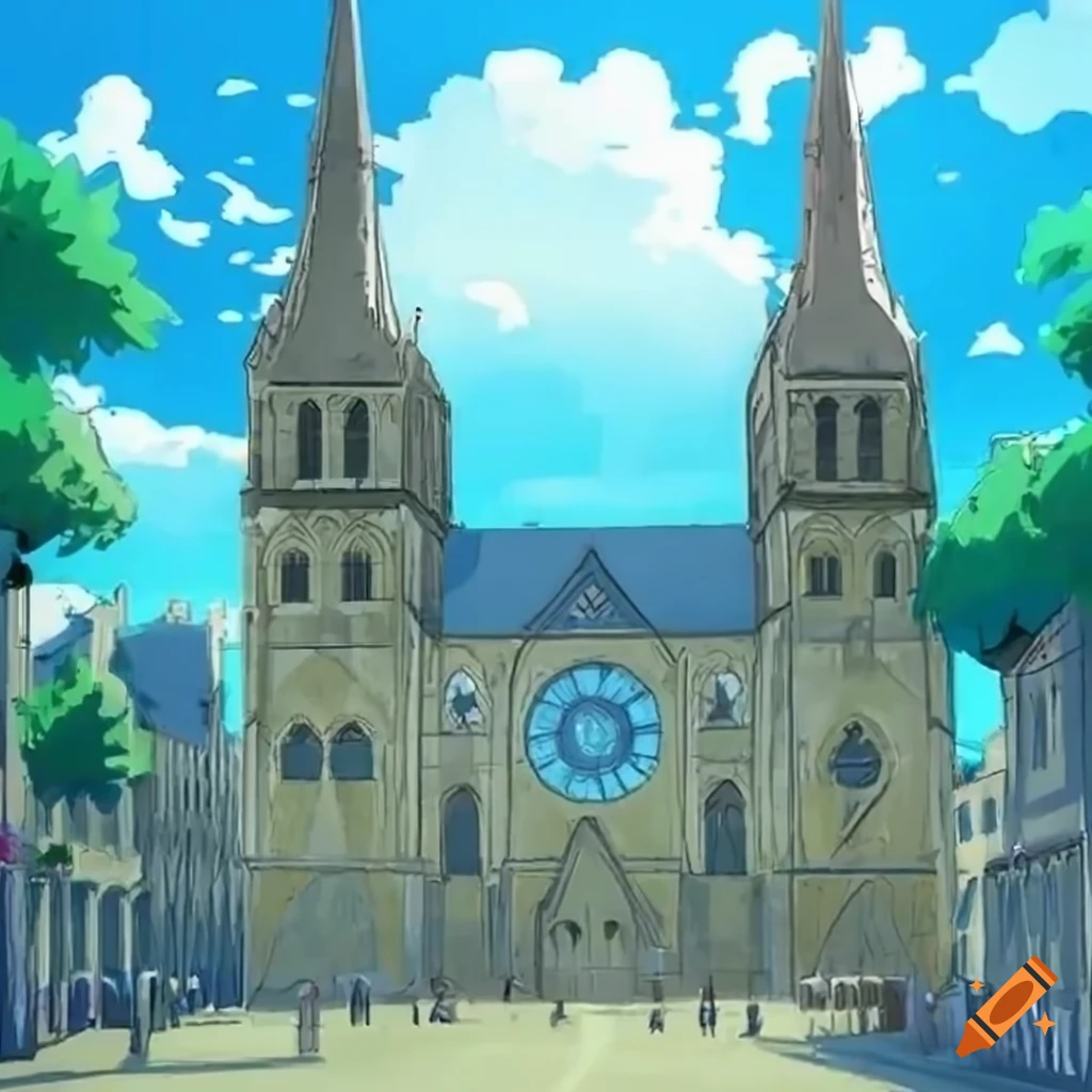 Anime-style medieval city with cathedral on Craiyon