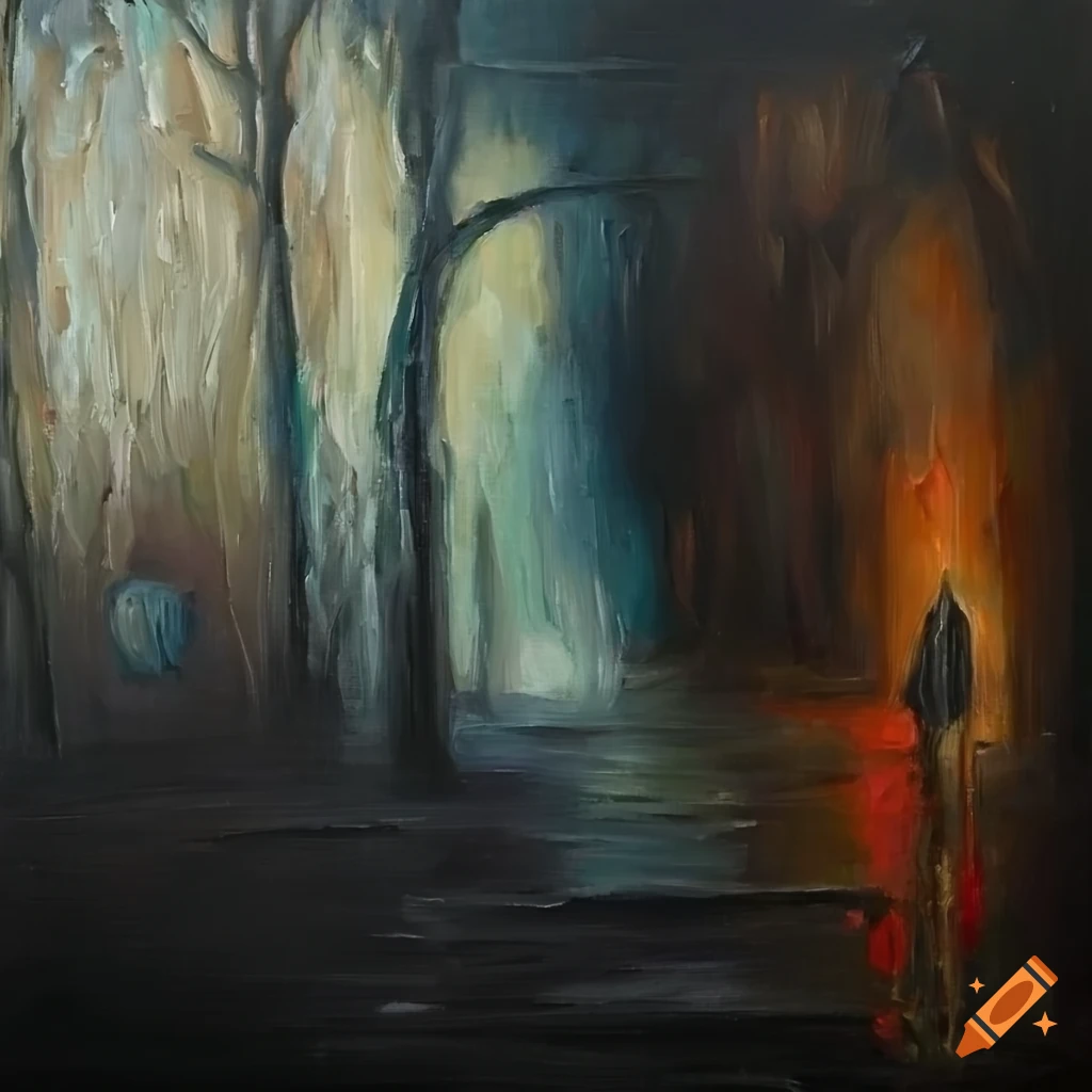 Dark impressionist oil painting of a mysterious scene on Craiyon