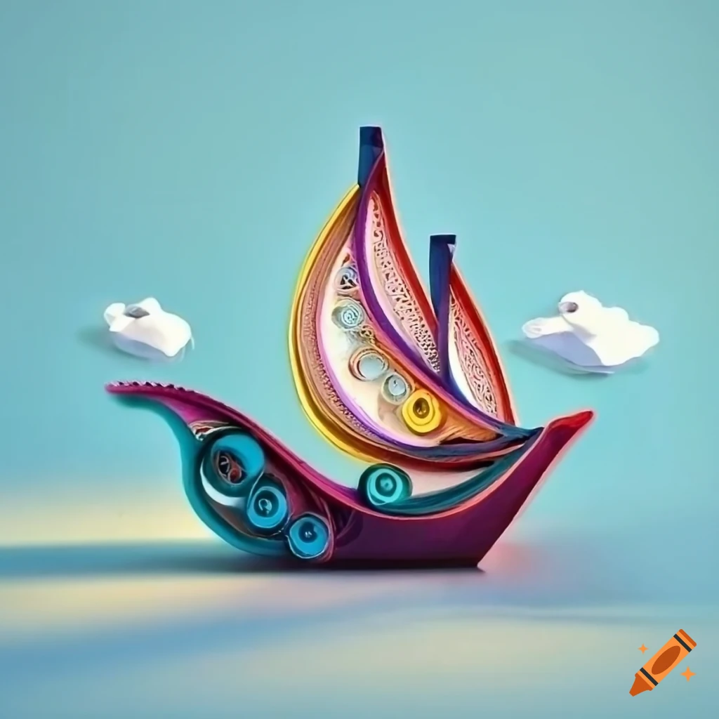 Quilling paper art of a boat on waves with sun and clouds on Craiyon