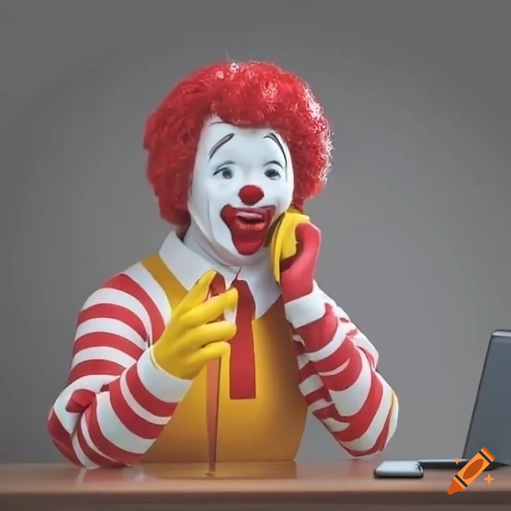 Humorous depiction of ronald mcdonald using a phone at a desk on Craiyon