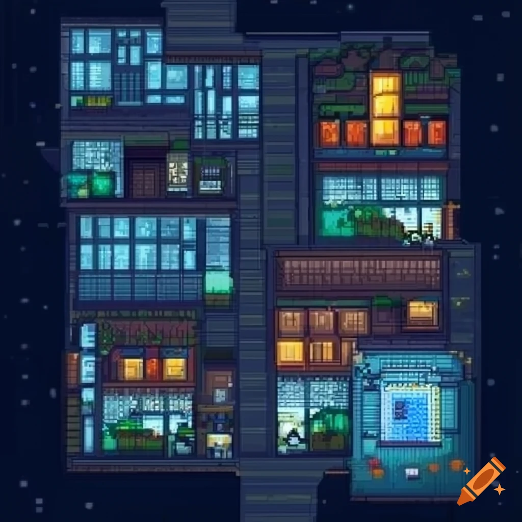 Overhead pixel art map of a village at night on Craiyon