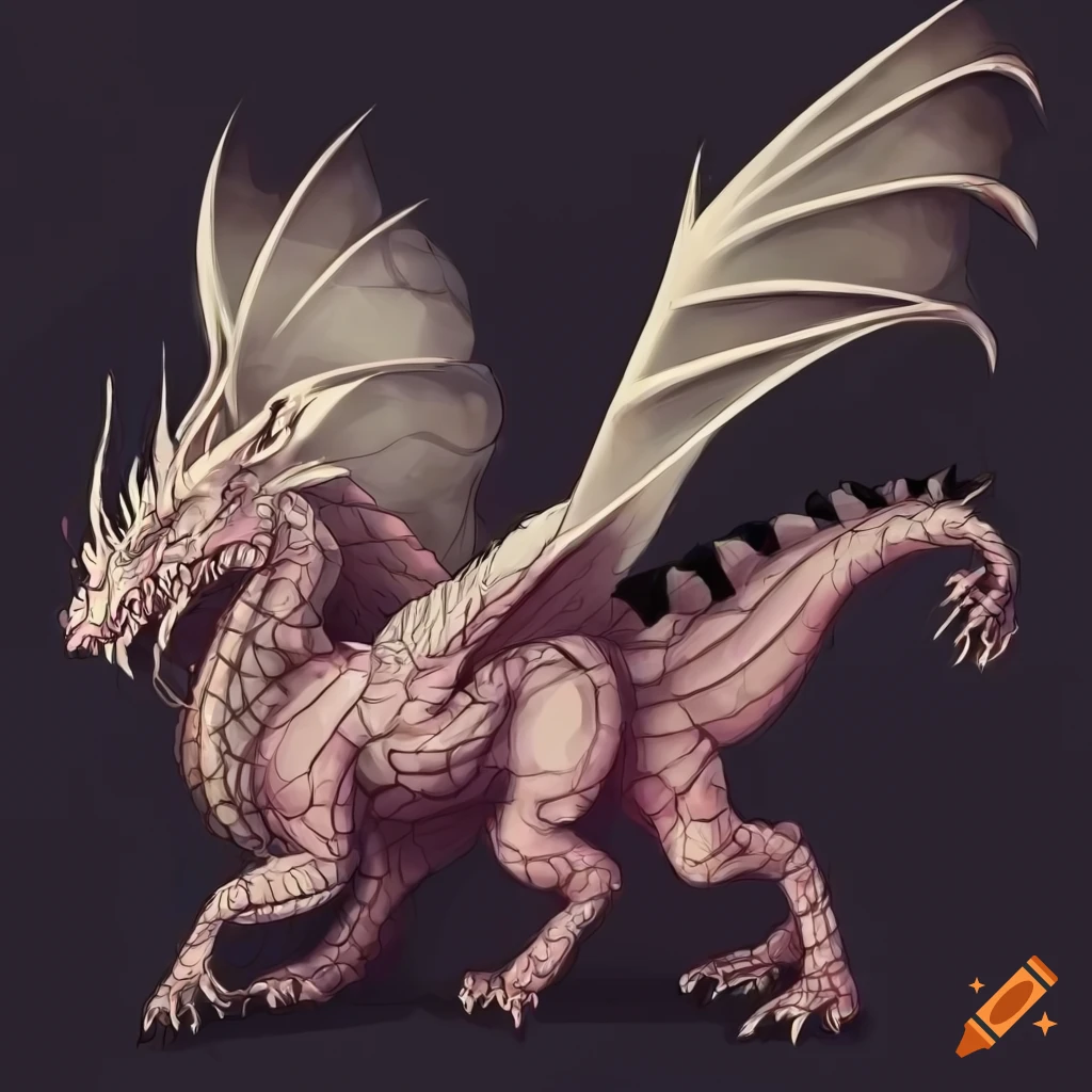 Side view illustration of a detailed dragon with wings and four legs on ...