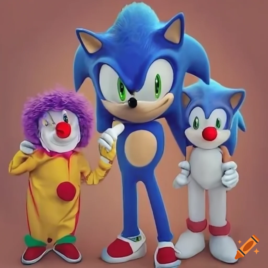 Sonic the Hedgehog as a clown with adorable hedgehog kids on Craiyon