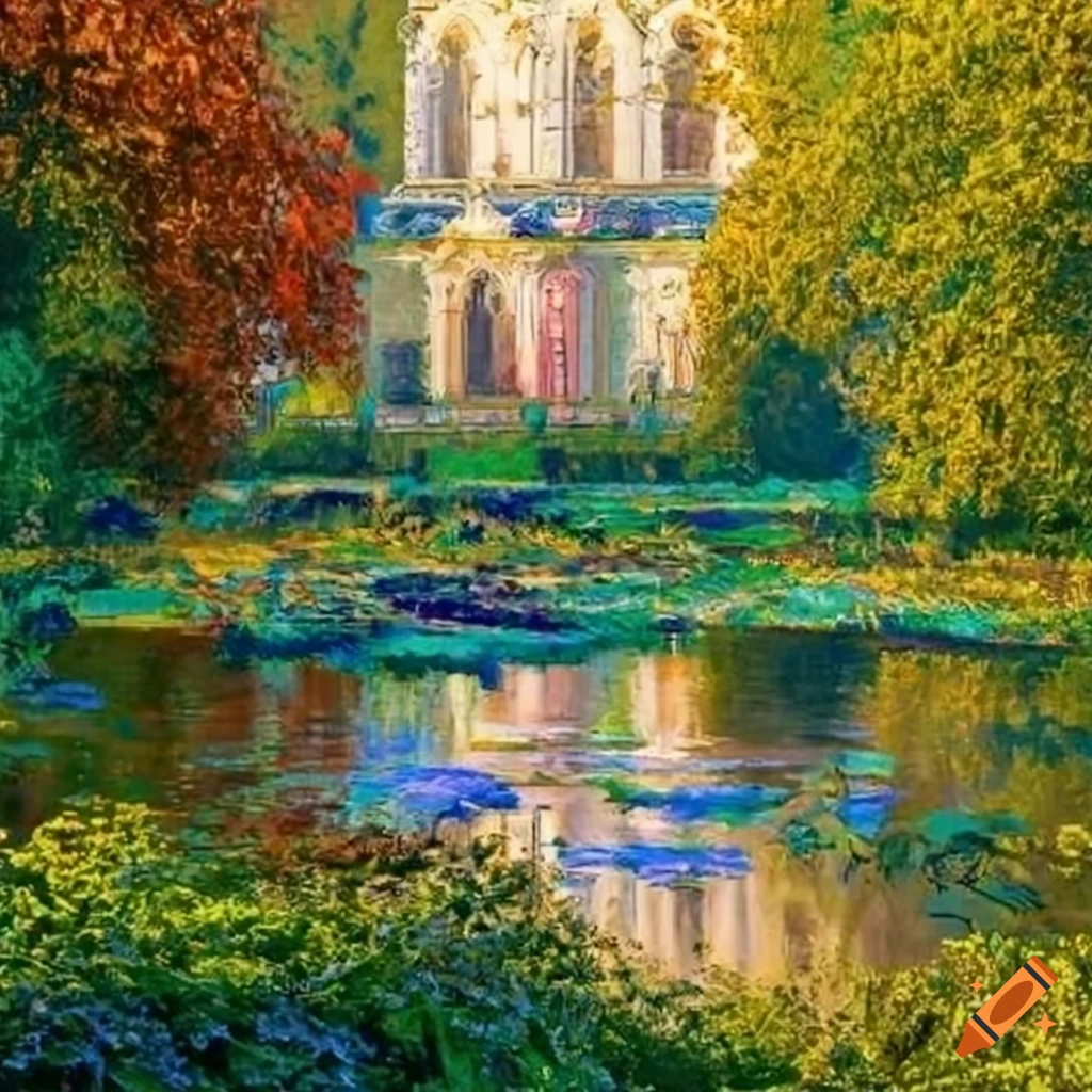 Impressionist painting of a meadow with a pond and trees on Craiyon