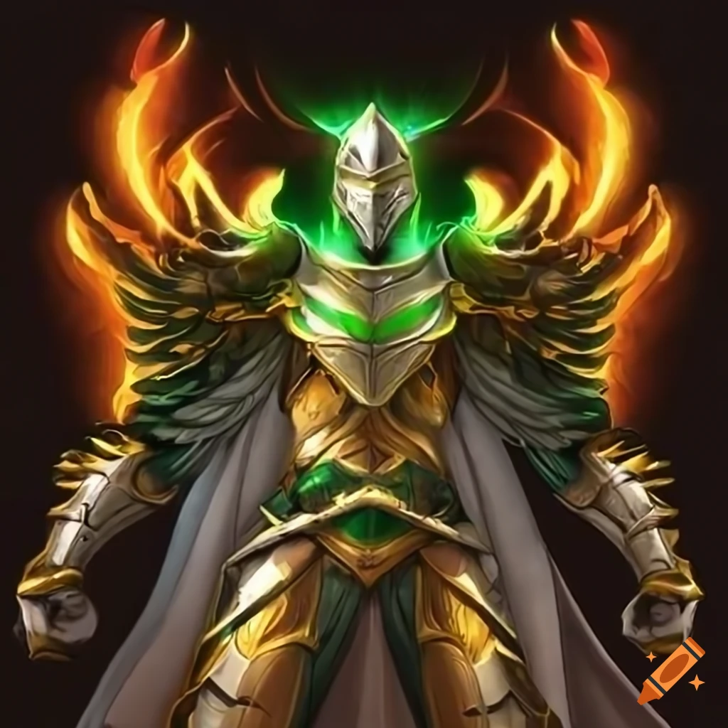 Image of a knight with green flame wings on Craiyon
