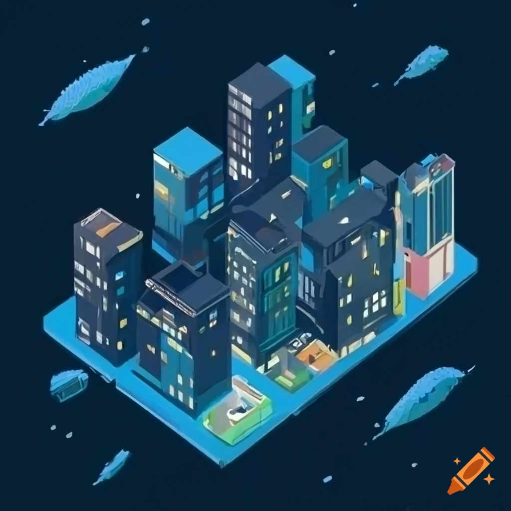 Isometric view of a high-resolution vector art night city map on Craiyon