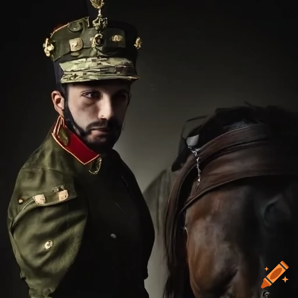 Image of a soldier riding a horse with troops on Craiyon