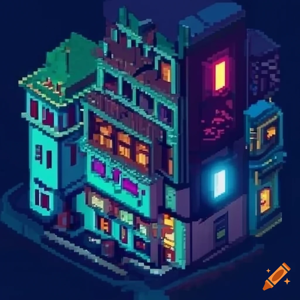 Top-down pixel art map of a stylized night city on Craiyon