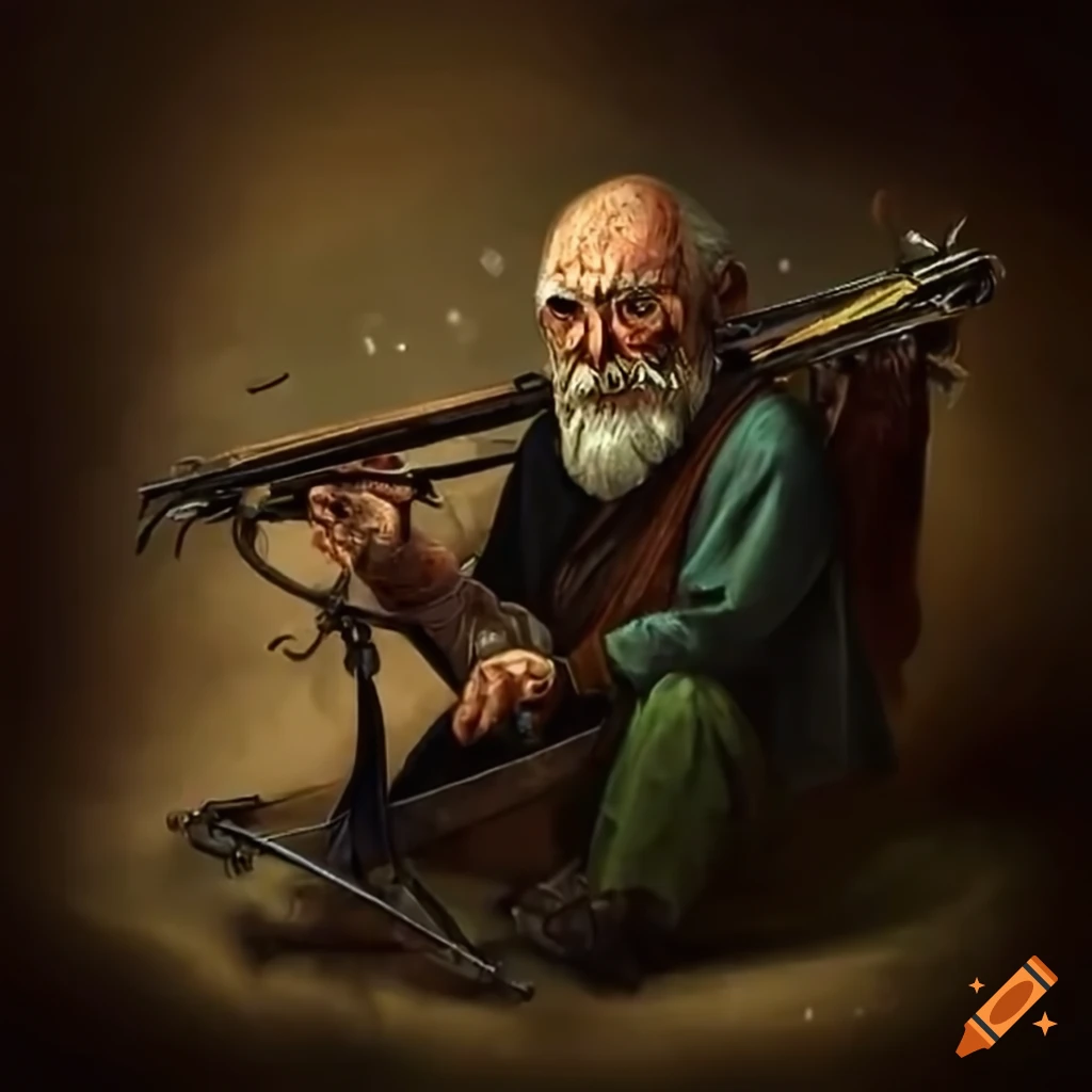 Image of an old hermit with a crossbow on Craiyon