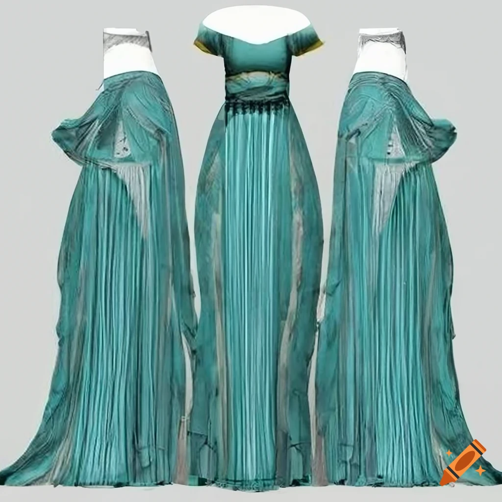 3D rendering of a deep cyan green chiffon maxi dress on Craiyon