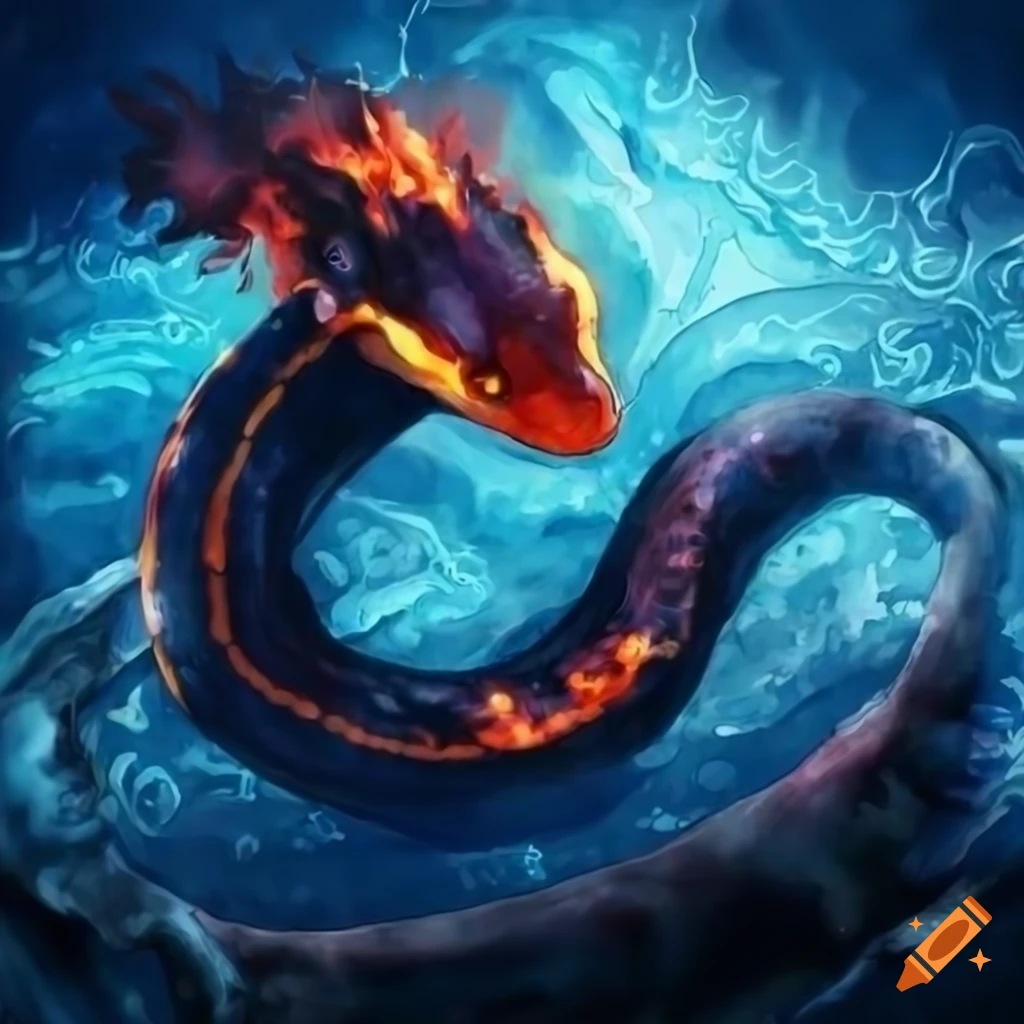 Watercolor of a blue winged snake battling a fire salamander on Craiyon