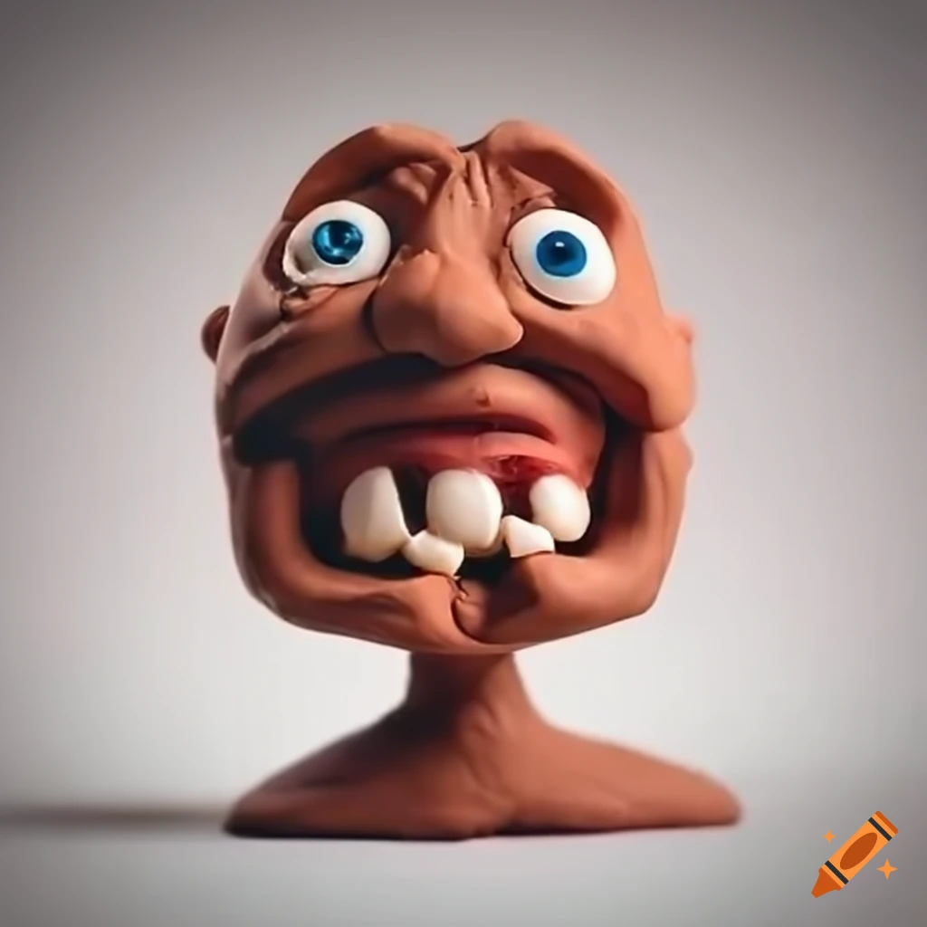 Clay animation figure with big teeth looking confused on Craiyon