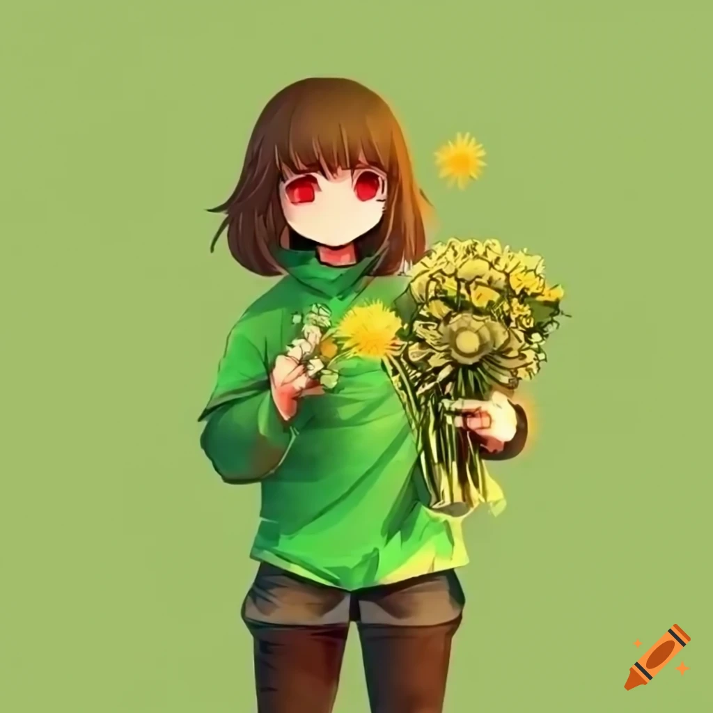 Character with red eyes holding a bouquet of yellow flowers on Craiyon