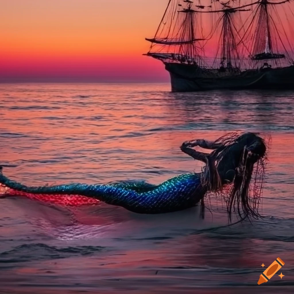 Spooky mermaid caught in a net on the beach at sunset on Craiyon