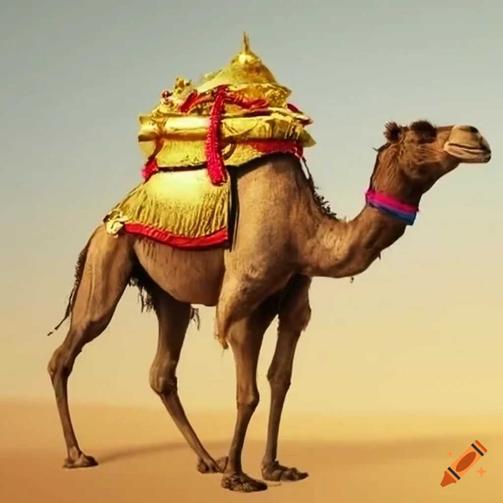 Camels carrying gold in the desert on Craiyon