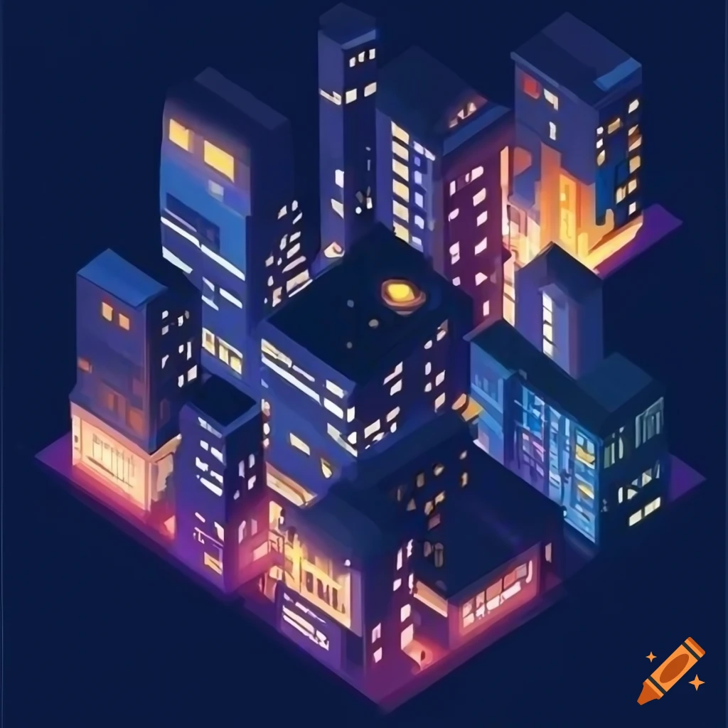Isometric view of a high-resolution vector art night city map on Craiyon