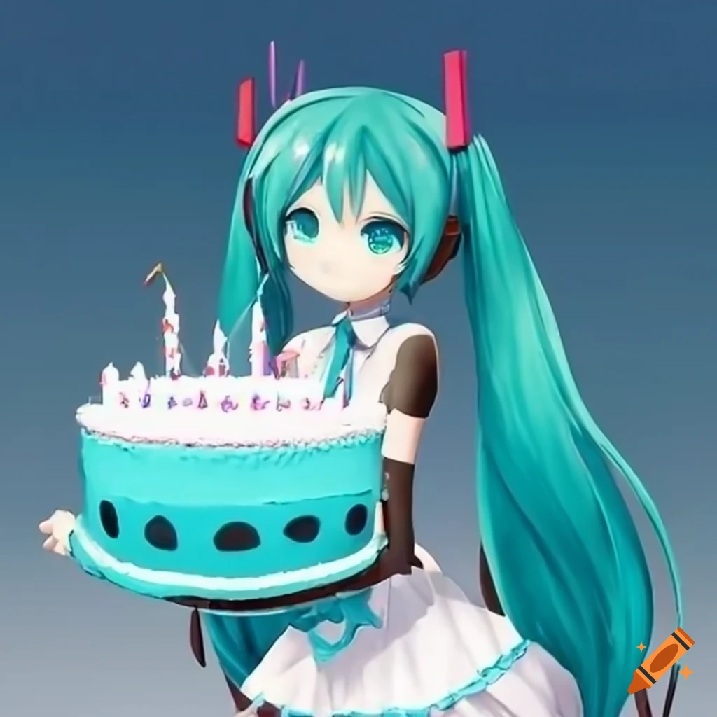 Hatsune Miku celebrating her birthday with a cake on Craiyon