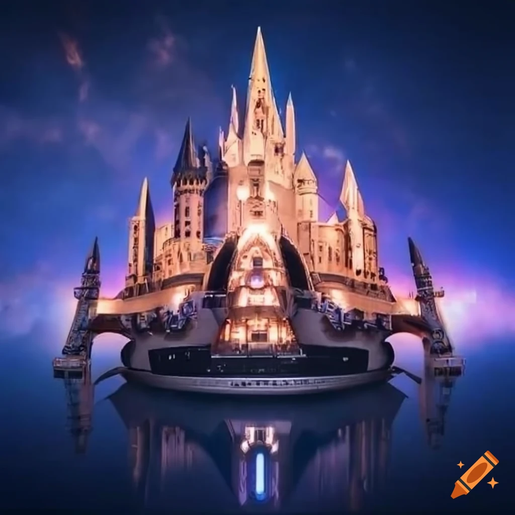 Realistic exterior view of an ornate castle-shaped spaceship on Craiyon