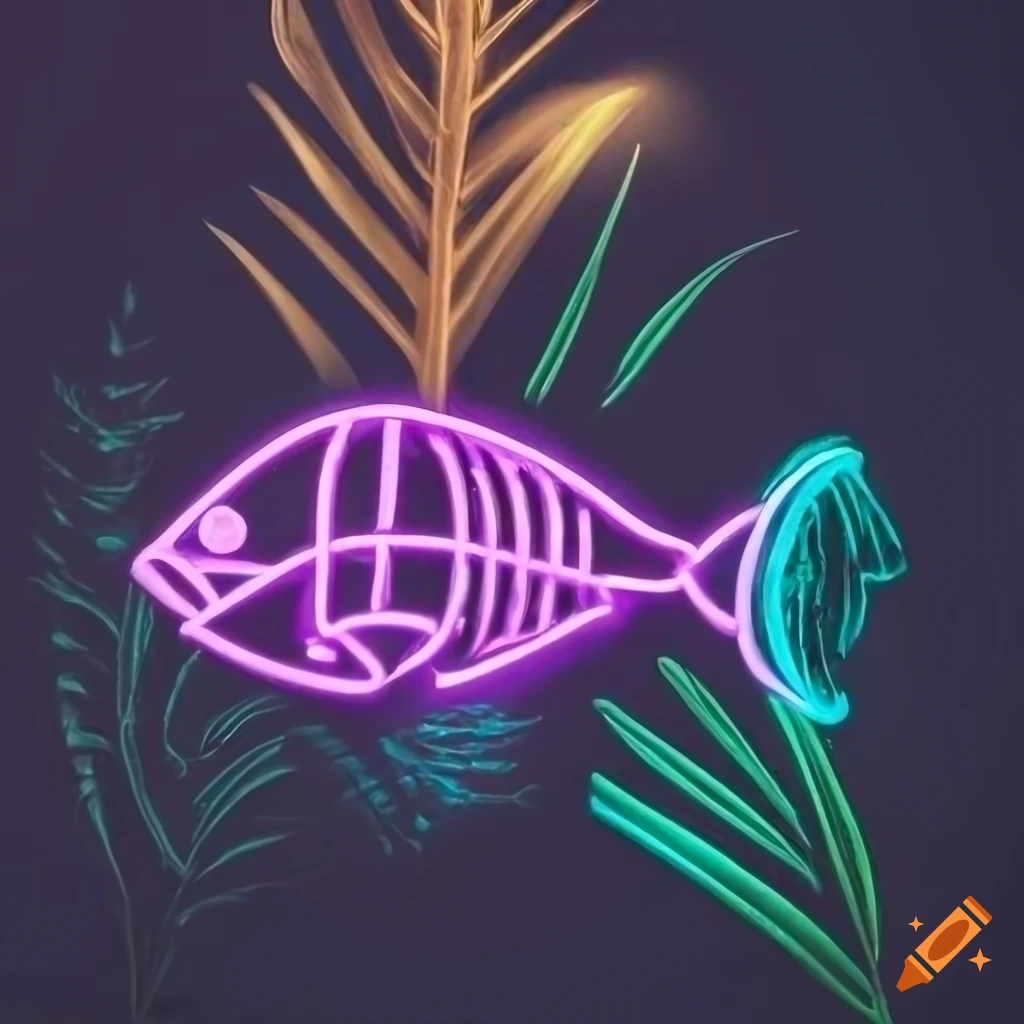 Neon fish skeleton sign with tropical plants on Craiyon