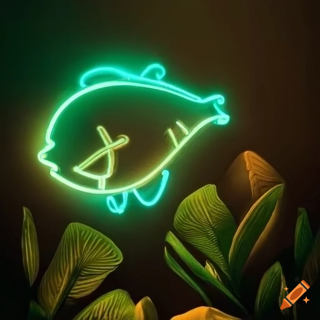 Neon fish skeleton sign with tropical plants on Craiyon