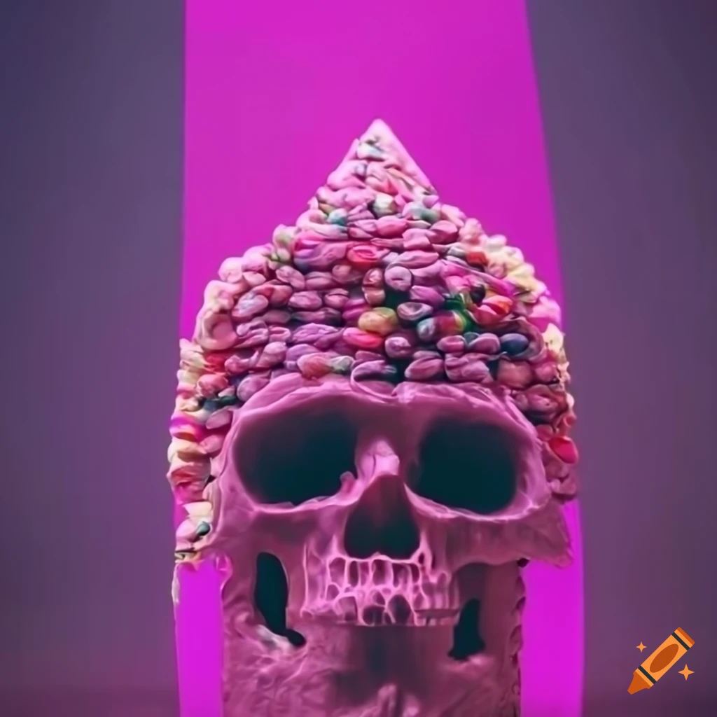 Artistic representation of a candy skull pyramid on Craiyon